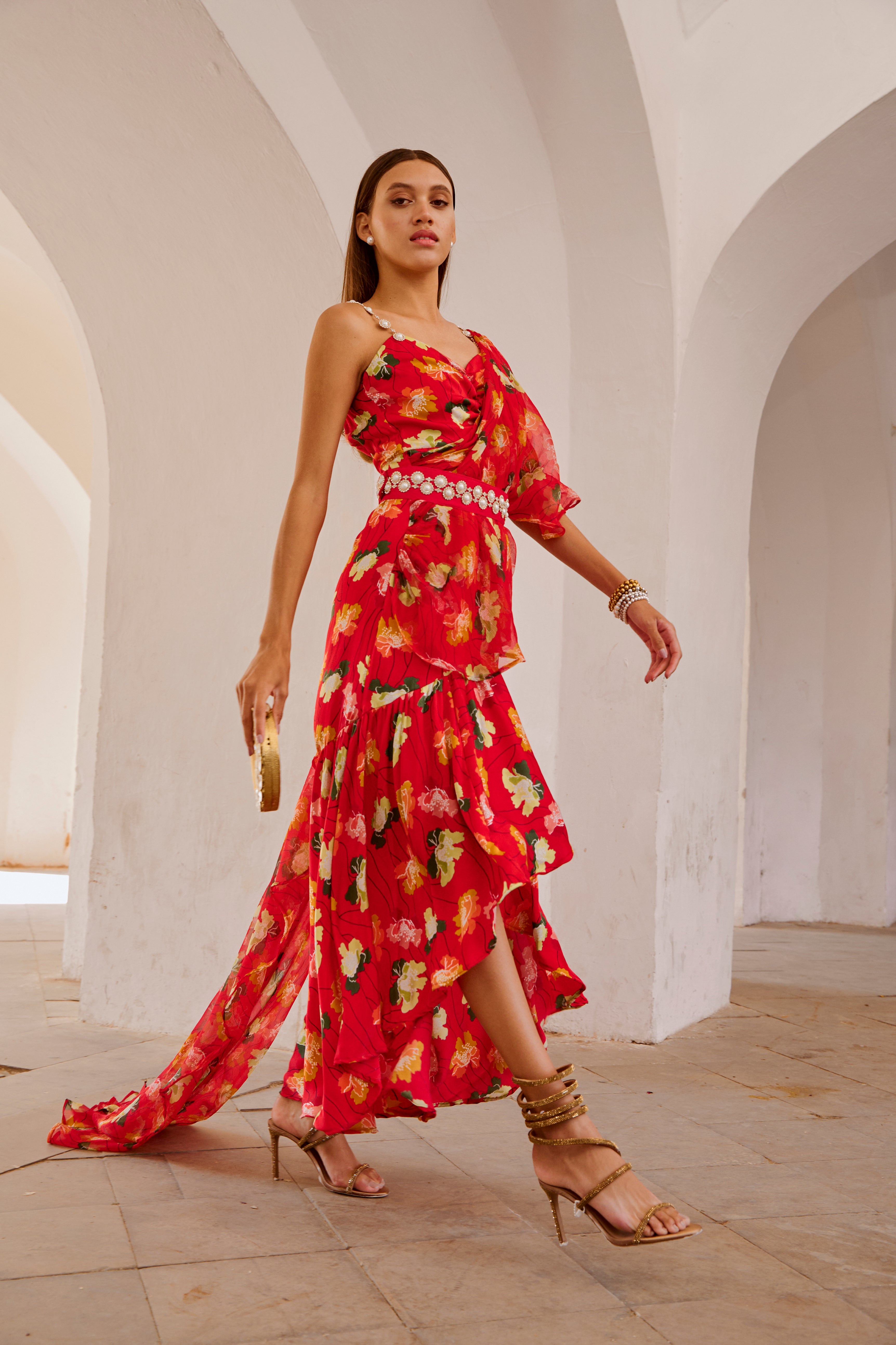 Chilly red poppy gul dress drape saree with belt – Pallavi Jaipur