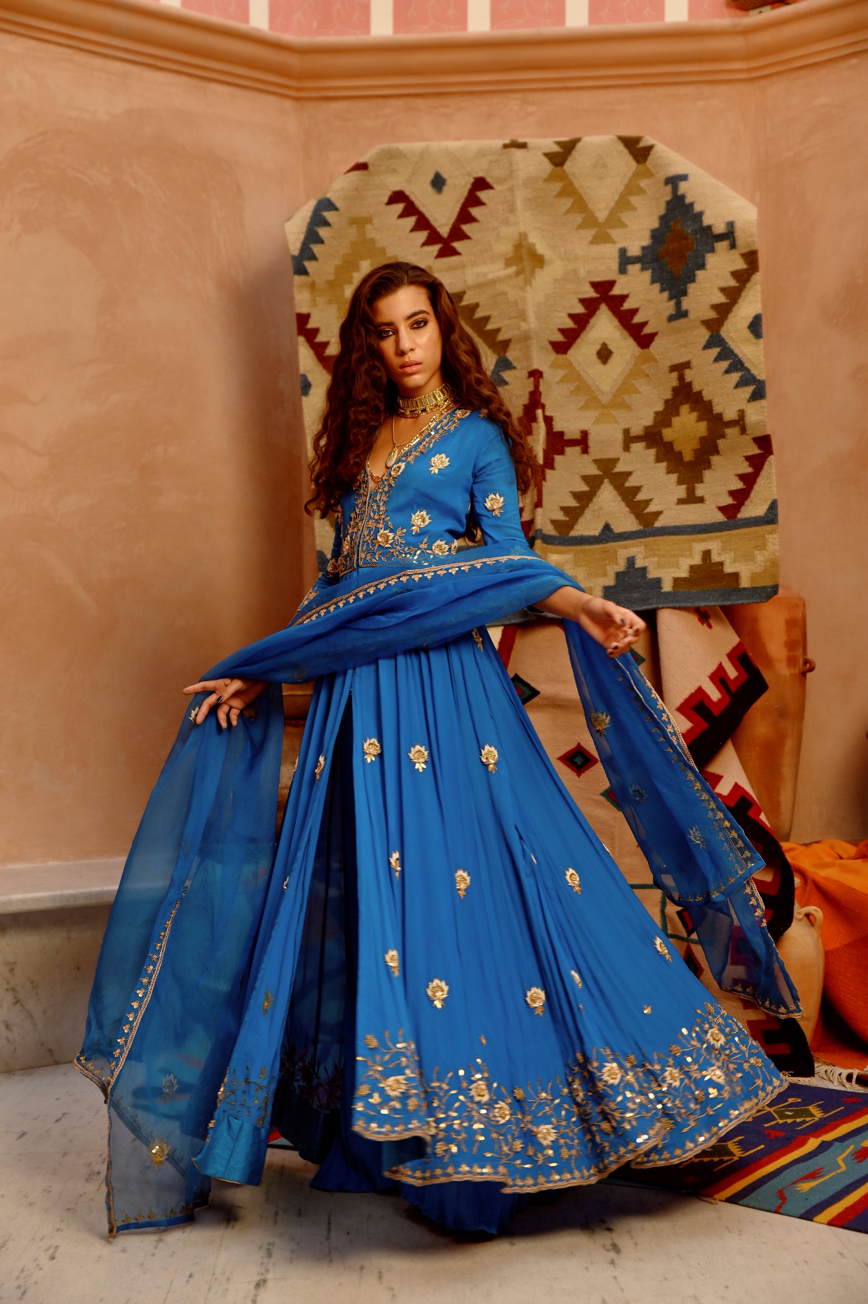 Cobalt Blue front open anarkali Jacket set with pant and dupatta ...