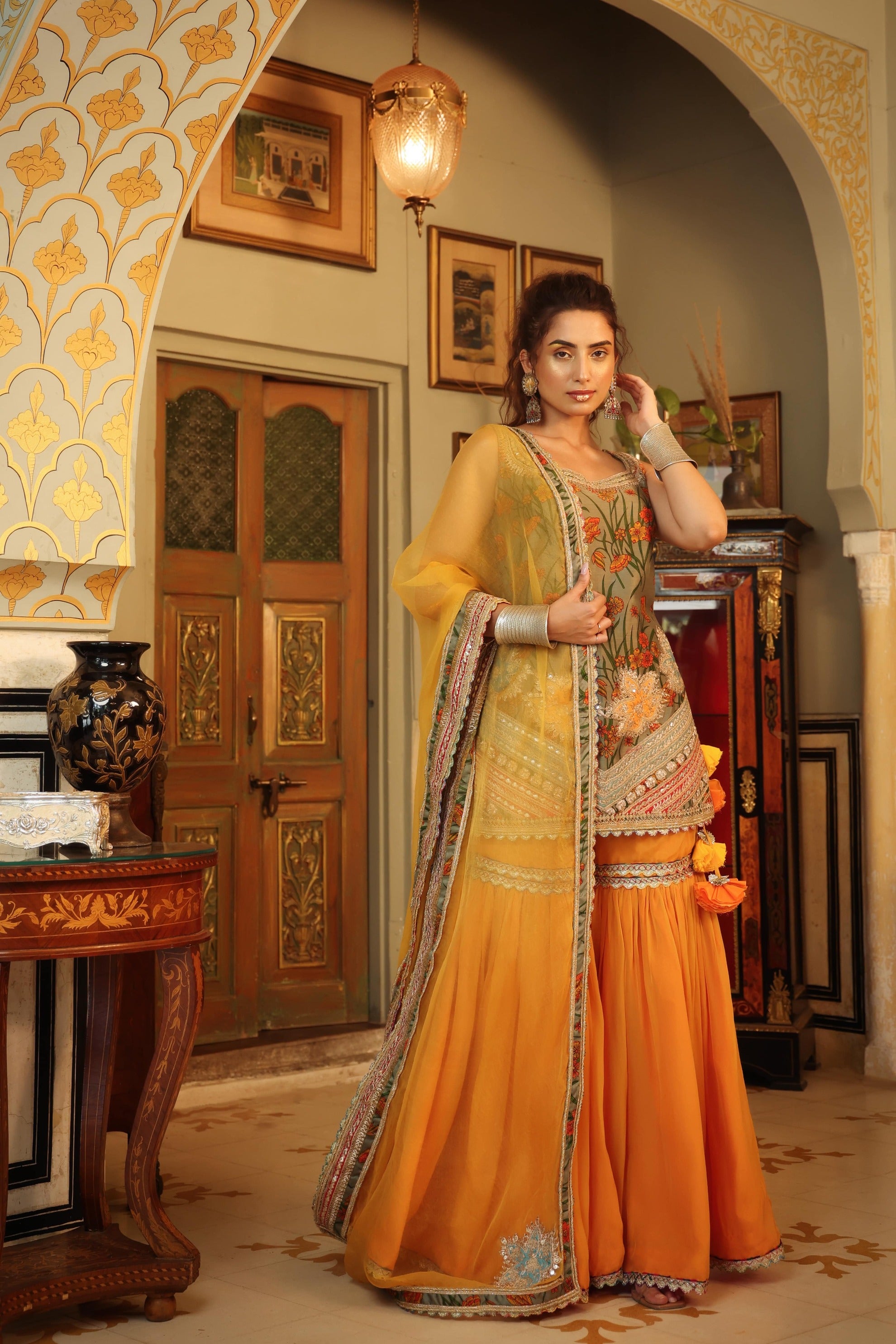 Dilruba bageecha kurta with volume sharara and dupatta – Pallavi Jaipur