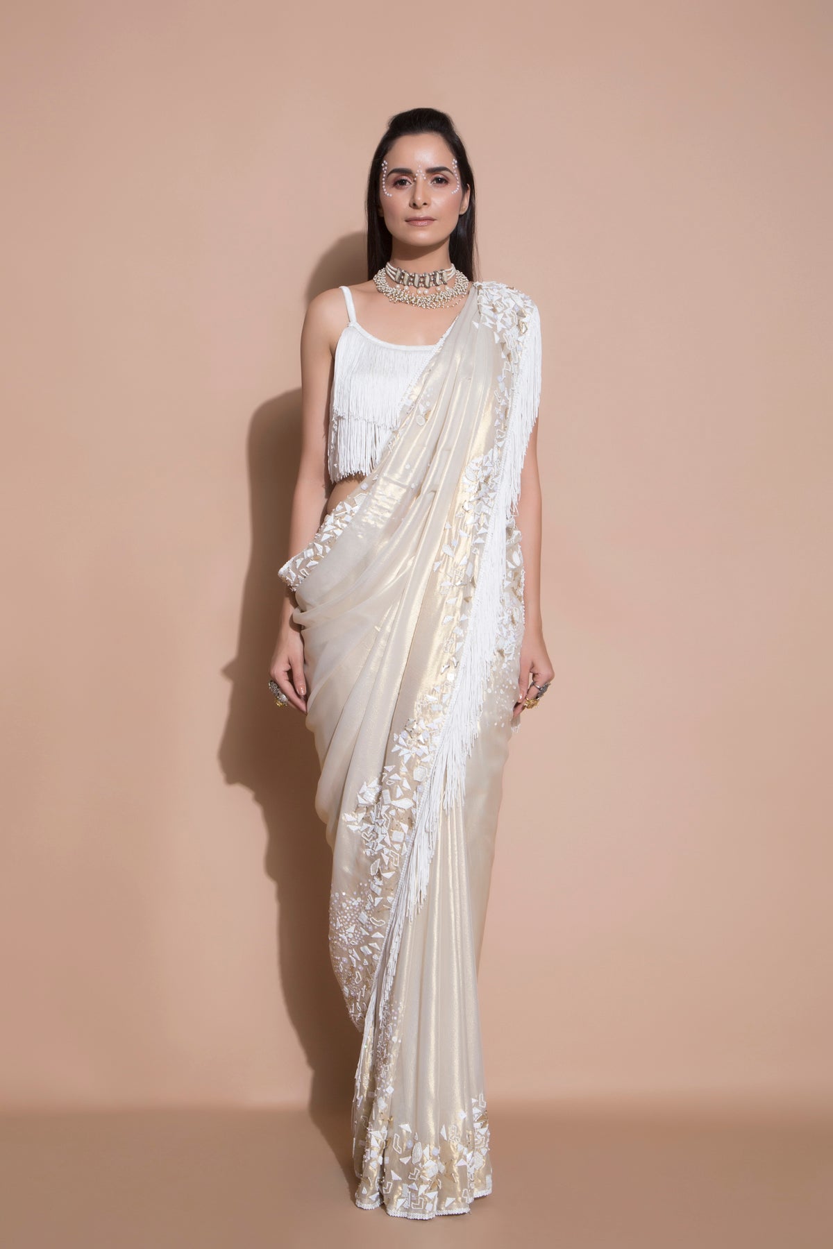 Fringe Saree & Fringed Singlet Blouse | Pallavi Jaipur