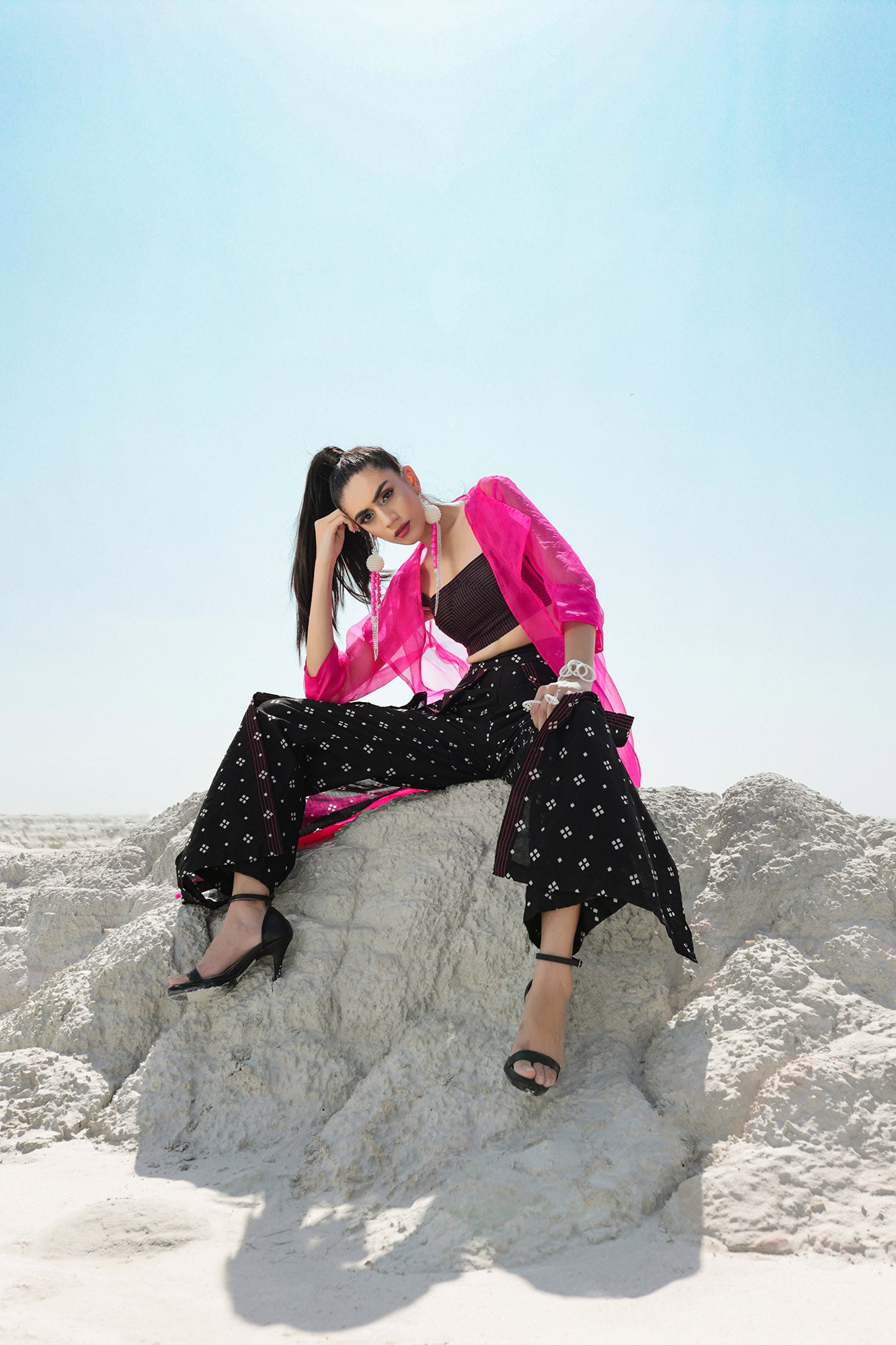 Ameera Hot Pink Sheer Jacket Flutter Pants Set – Pallavi Jaipur