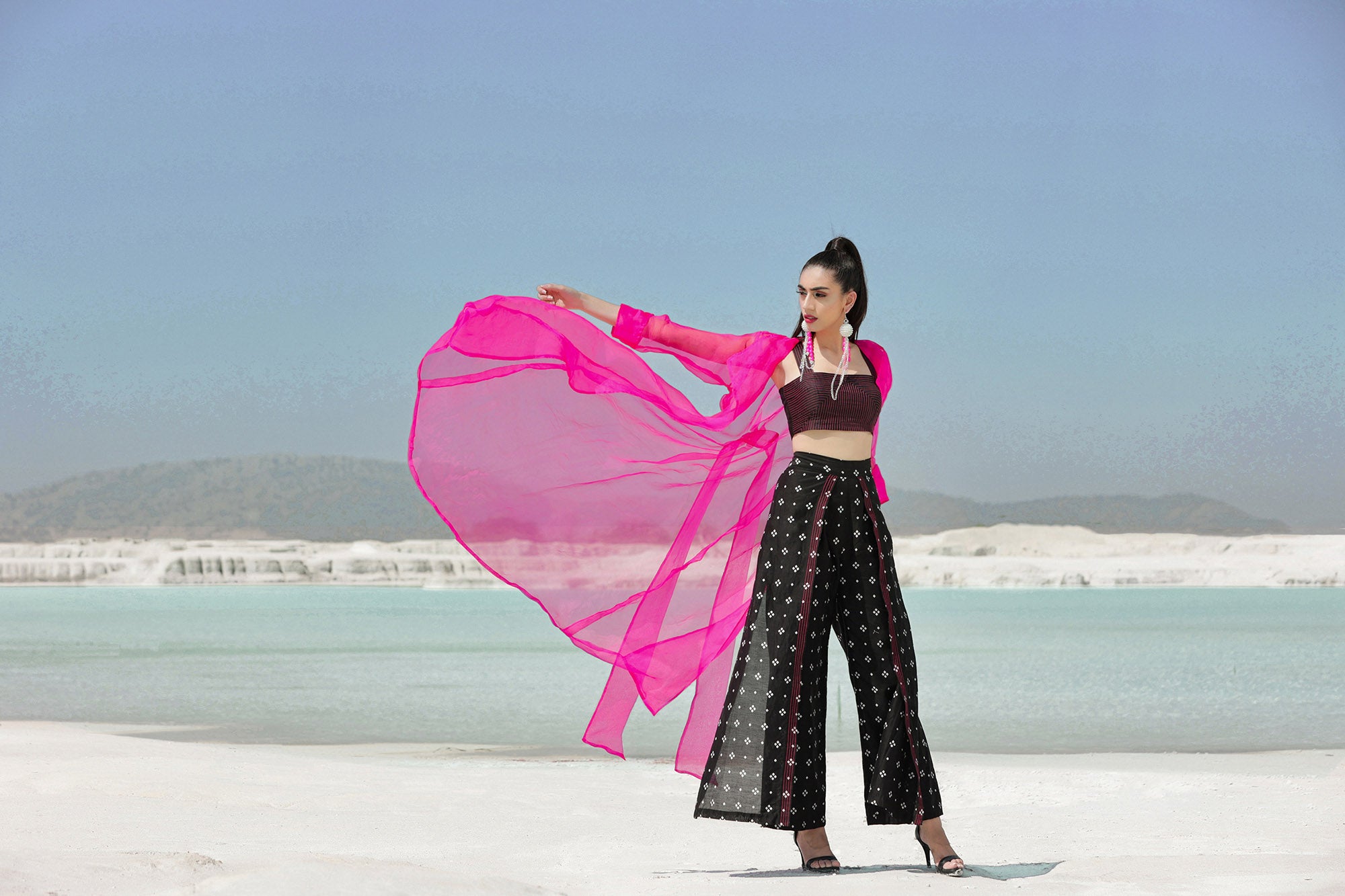 Ameera Hot Pink Sheer Jacket Flutter Pants Set – Pallavi Jaipur