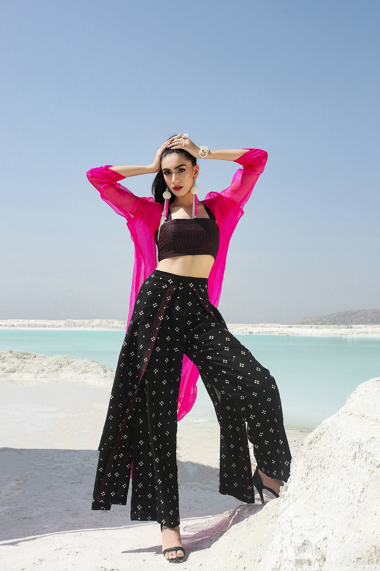 Ameera Hot Pink Sheer Jacket Flutter Pants Set – Pallavi Jaipur